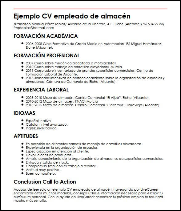 Ejemplo CV Empleado De Almacen | MiCVideal